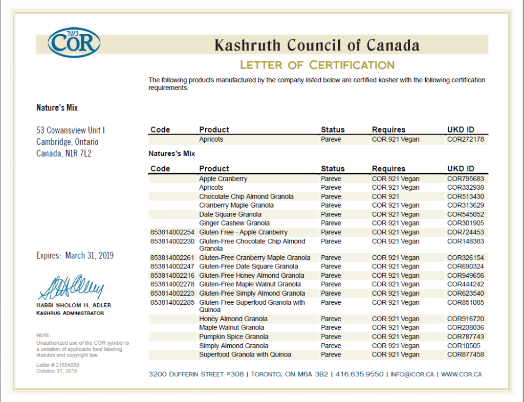 Kosher certificate | Natures Mix